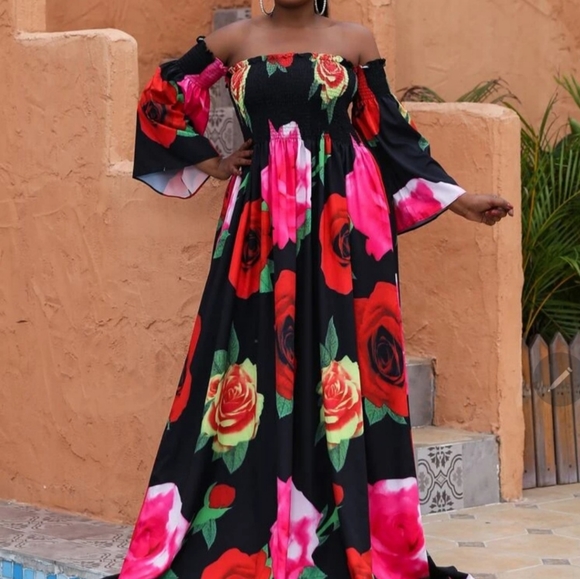 SHEIN | Dresses | Shein Floral Smocked Elastic Chest Drop Sleeves ...